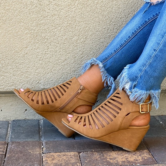 Boutique | Shoes | Honey Tan Cut Out Caged Peep Toe Wedge Sandals ...